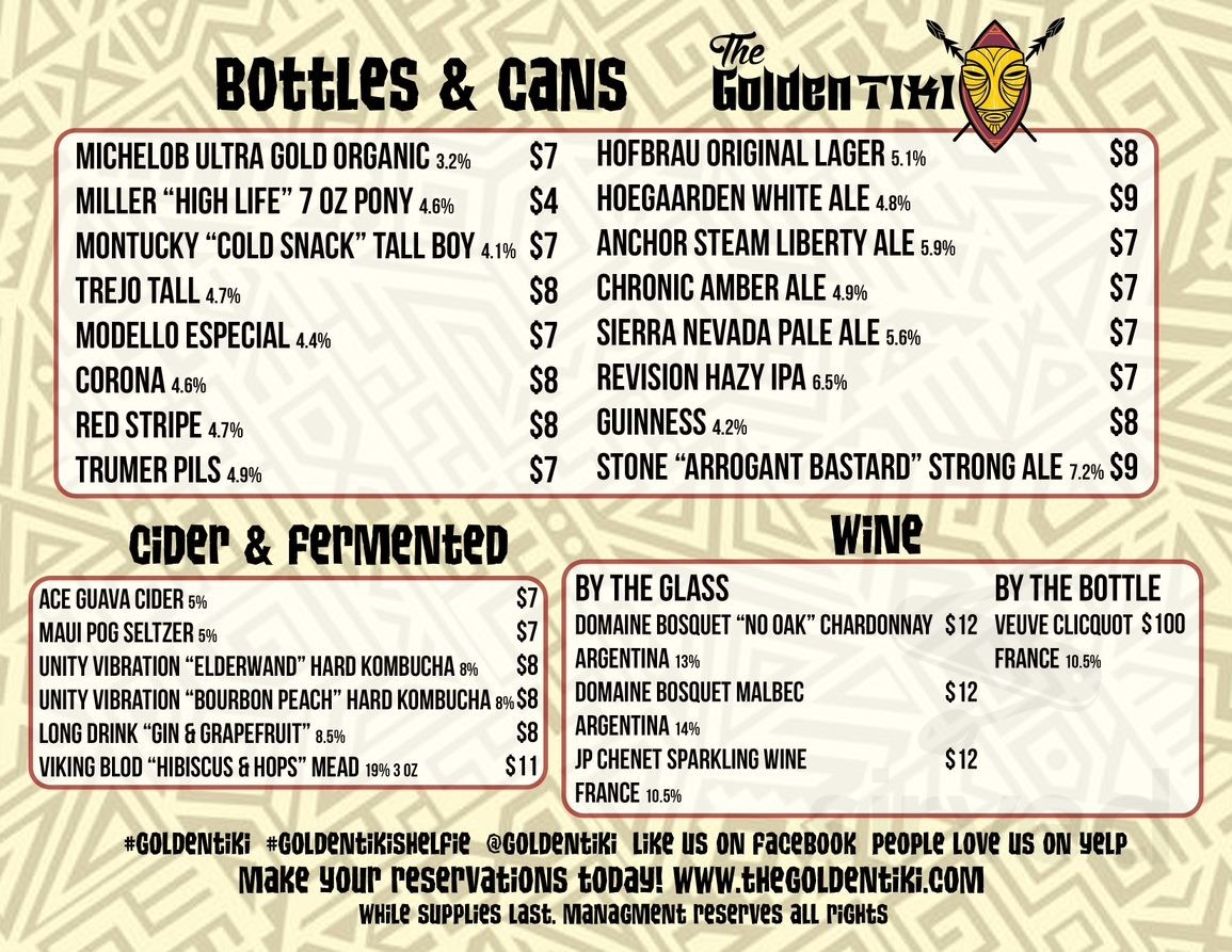 The Golden Tiki menu in Las Vegas, Nevada, USA