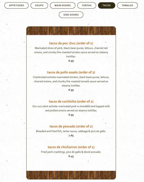 Chichen Itza menu in Los Angeles, California, USA