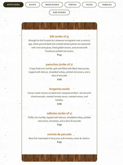 Chichen Itza menu in Los Angeles, California, USA