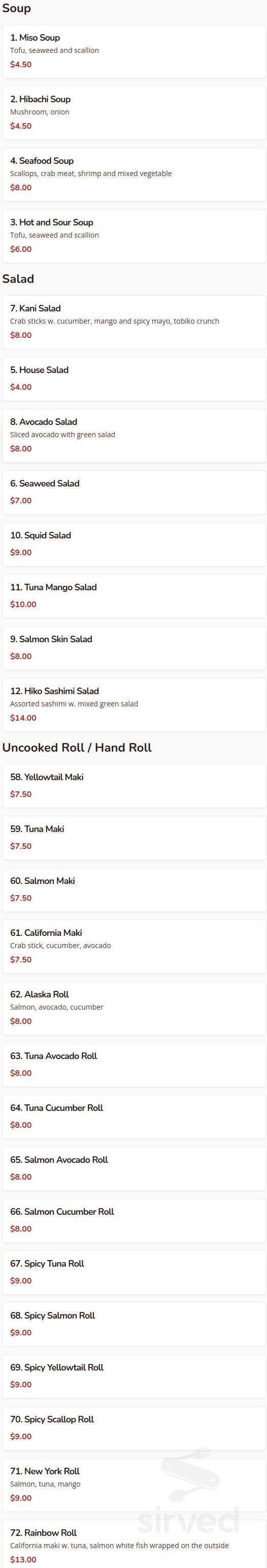 Menu - Eagan MN's Hiko Sushi | Sirved