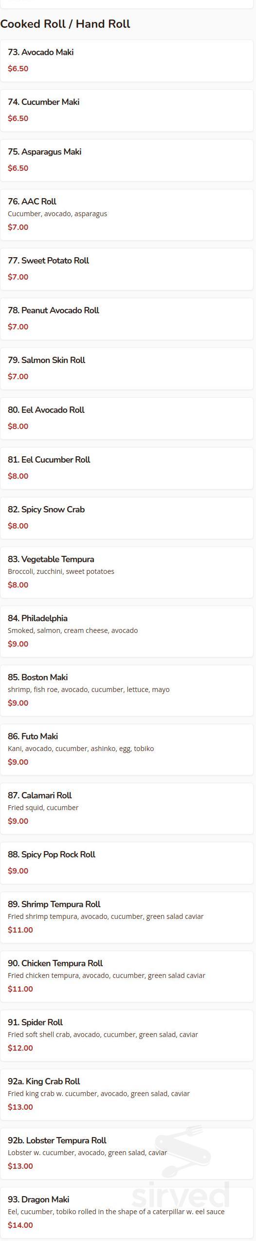 Menu - Eagan MN's Hiko Sushi | Sirved