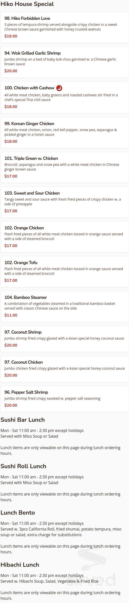 Menu - Eagan MN's Hiko Sushi | Sirved