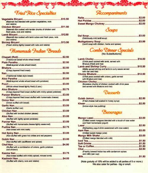 Taj Indian Restaurant menu in Cincinnati, Ohio, USA