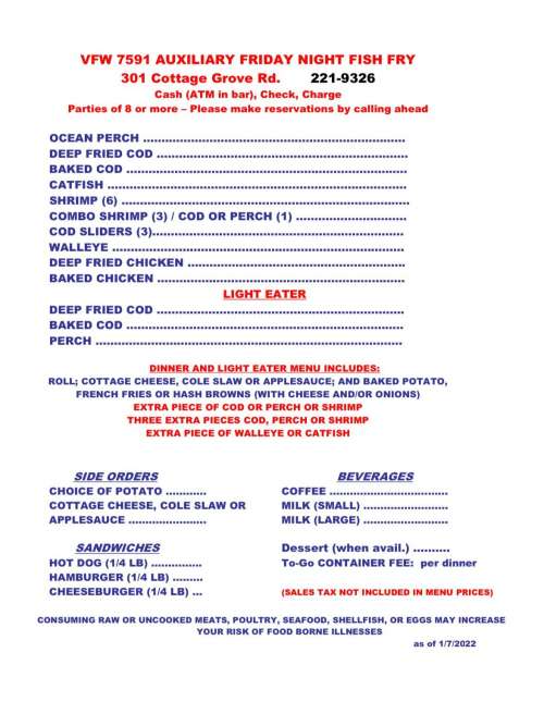 VFW Day Post 7591 menu in Madison, Wisconsin, USA