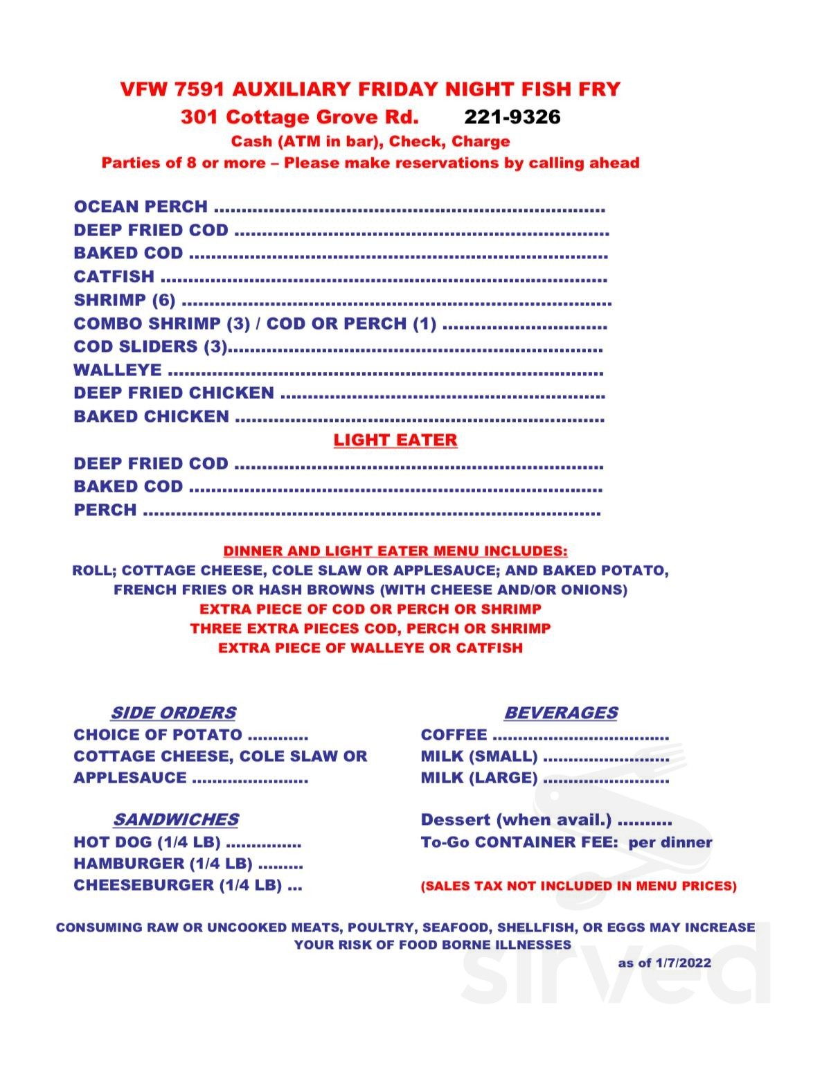 VFW Day Post 7591 menu in Madison, Wisconsin, USA