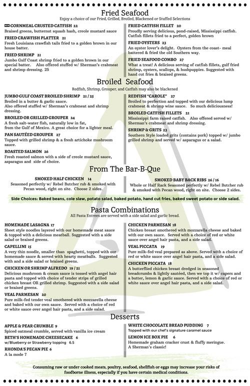 Sherman's @ South Main Restaurant menu in Greenville, Mississippi, USA