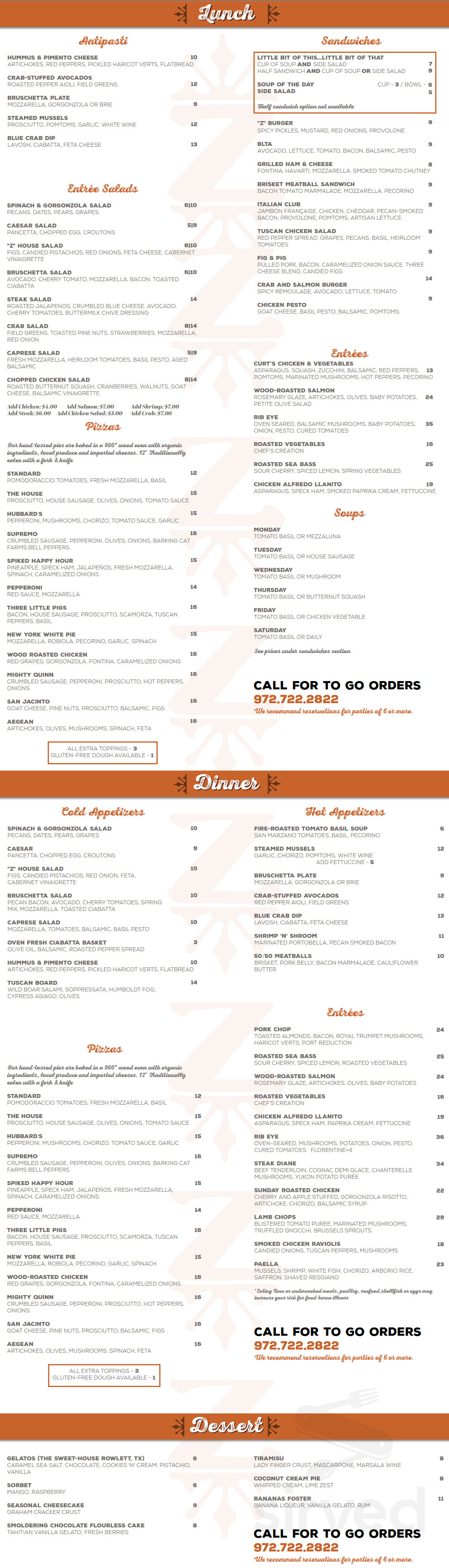Zanata menu in Rockwall, Texas, USA