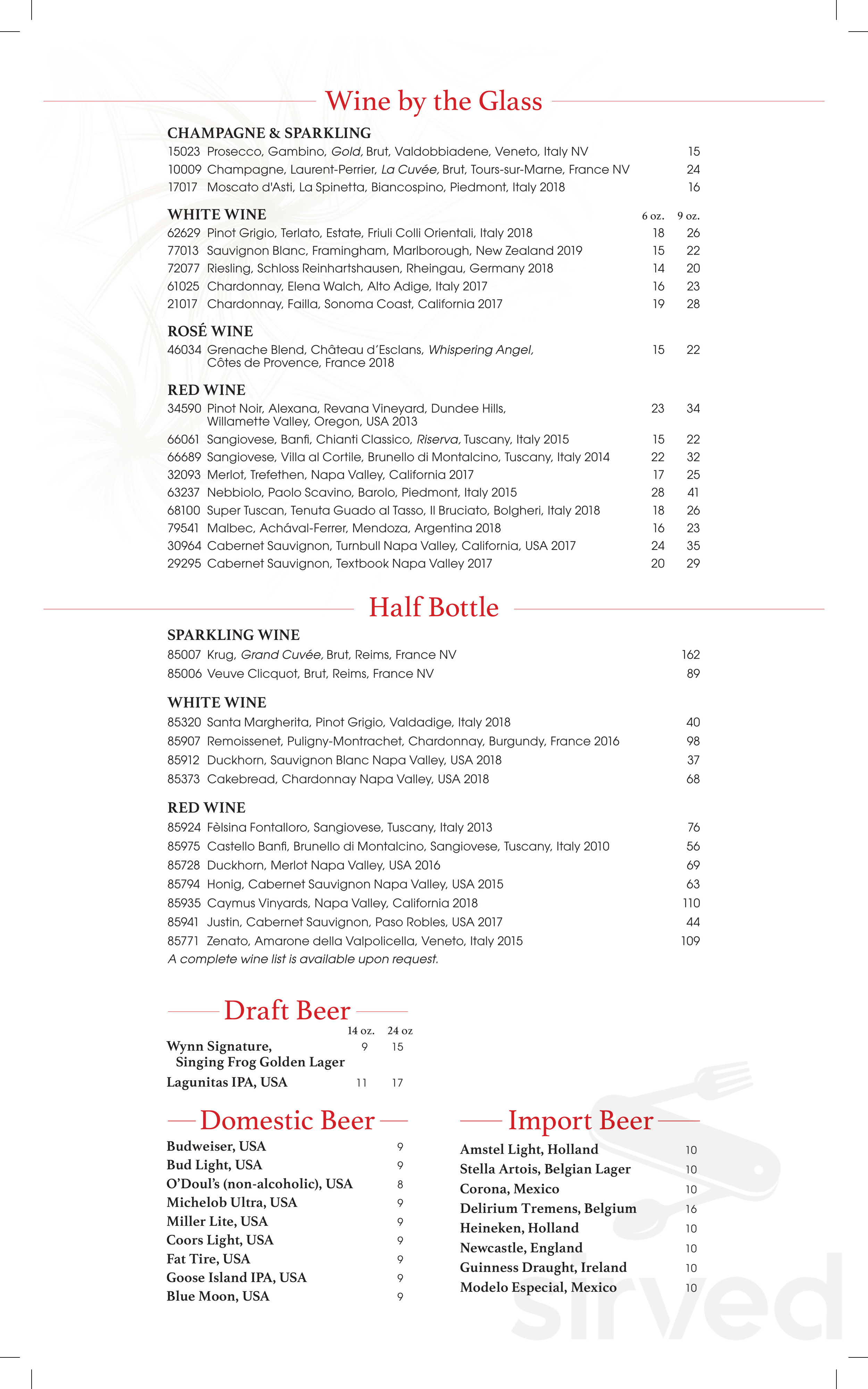 Allegro menu in Las Vegas, Nevada, USA