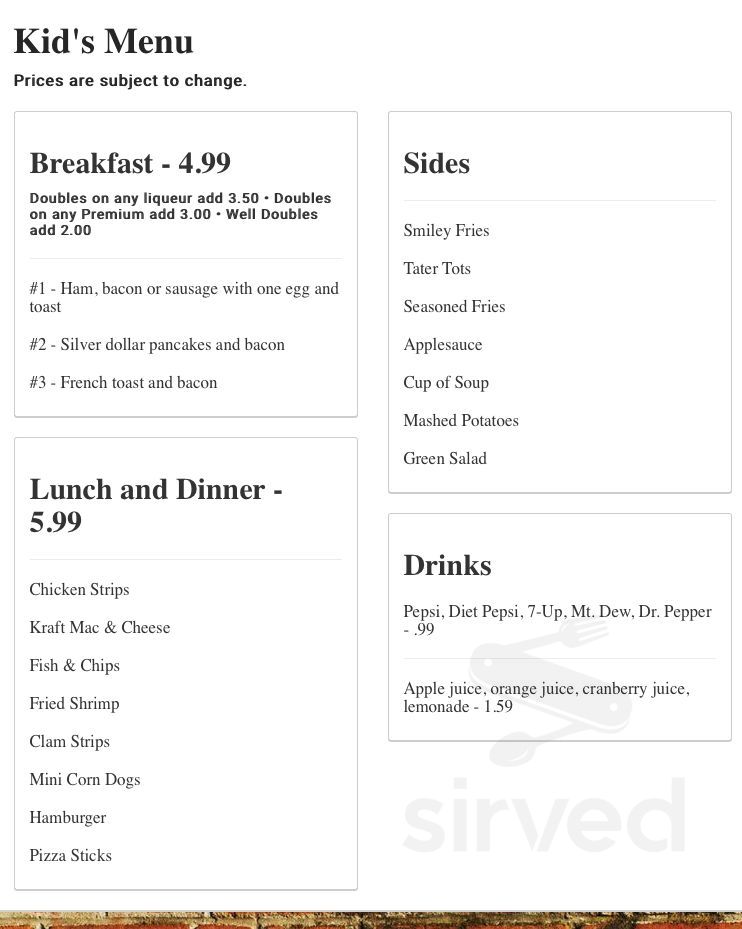 Billy's Bar & Grill menu in Aberdeen, Washington, USA