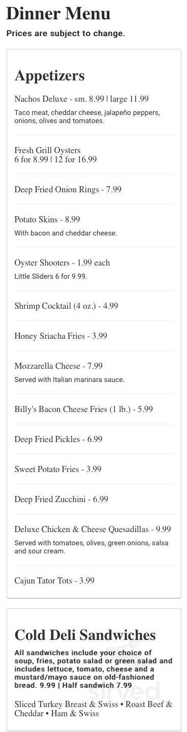 Menu for Billy's Bar & Grill in Aberdeen, WA | Sirved