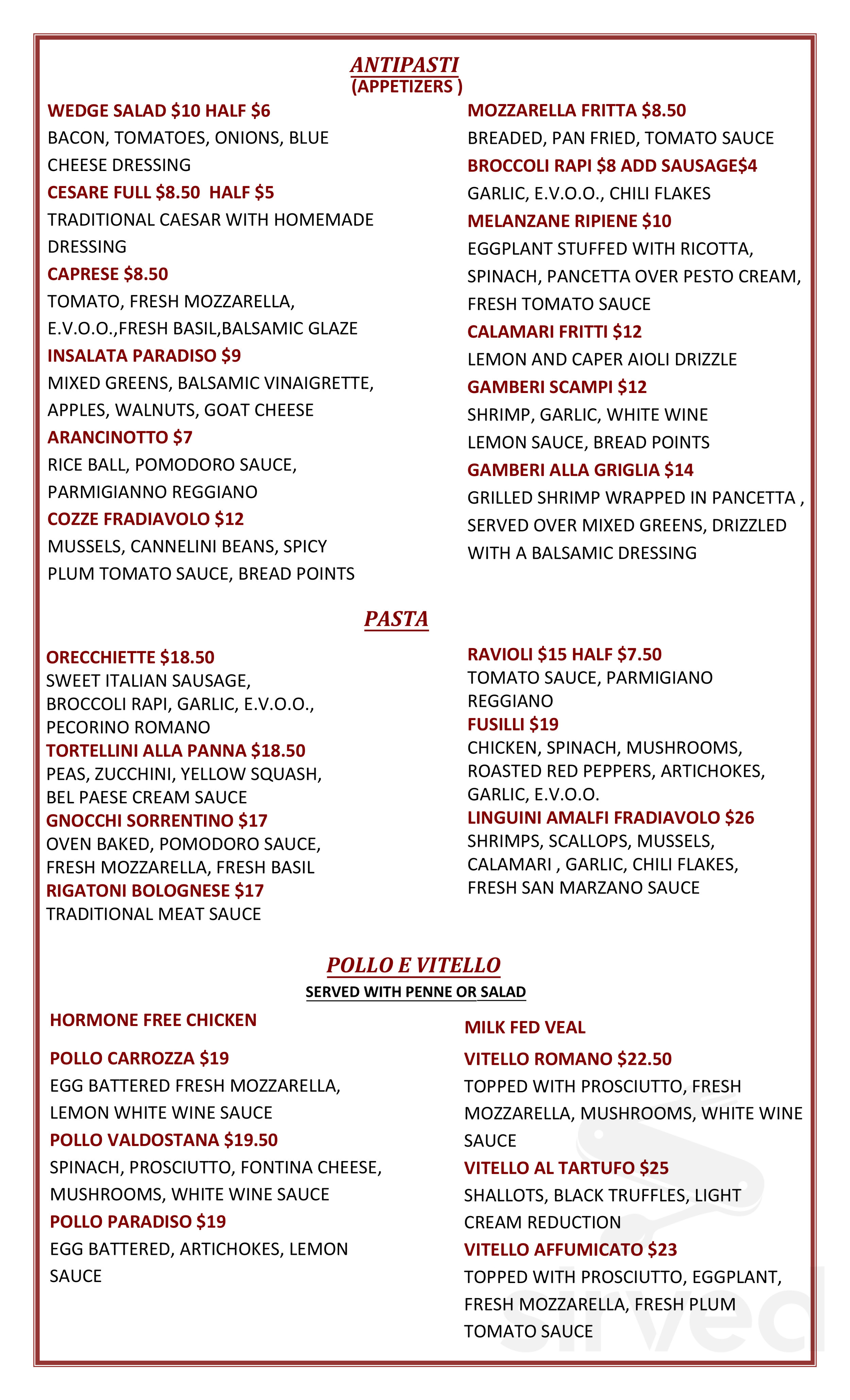 Paradiso Ristorante menu in Swampscott, Massachusetts, USA