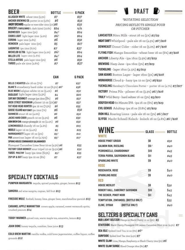 Craftsman Row Saloon menu in Philadelphia, Pennsylvania, USA