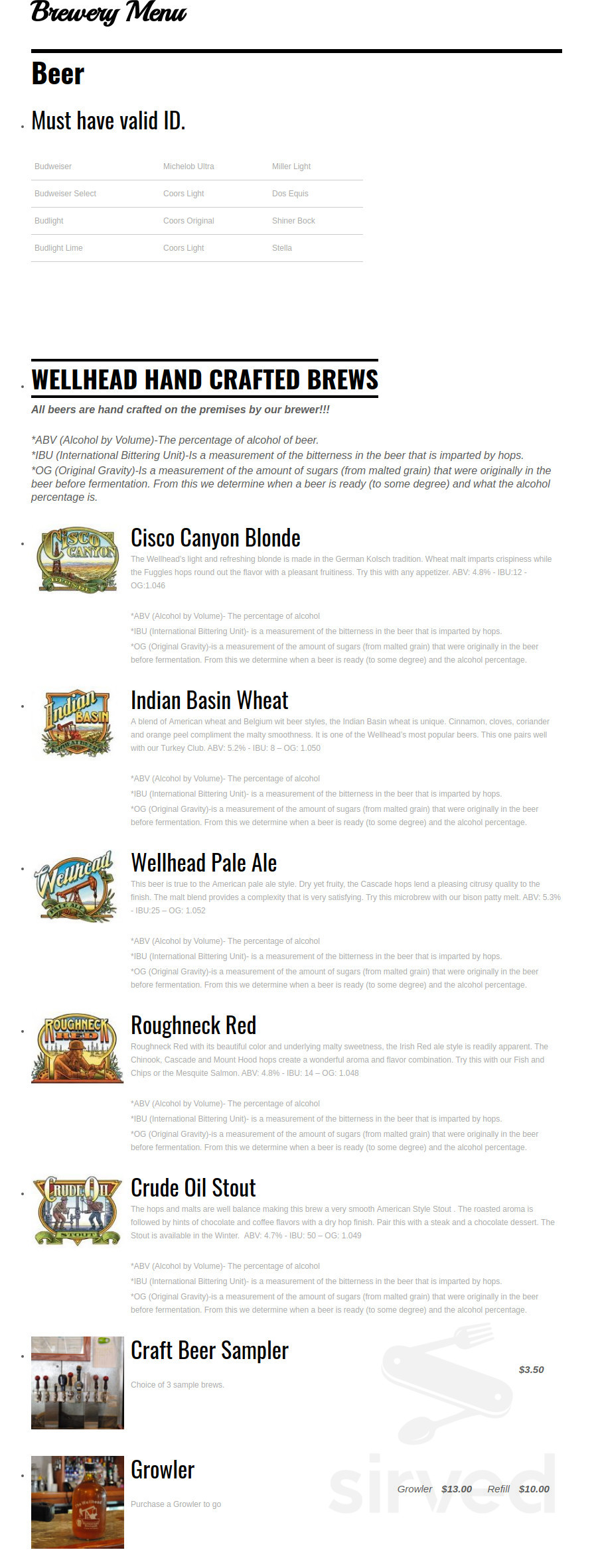 The Wellhead Restaurant And Brewpub menu in Artesia, New Mexico, USA