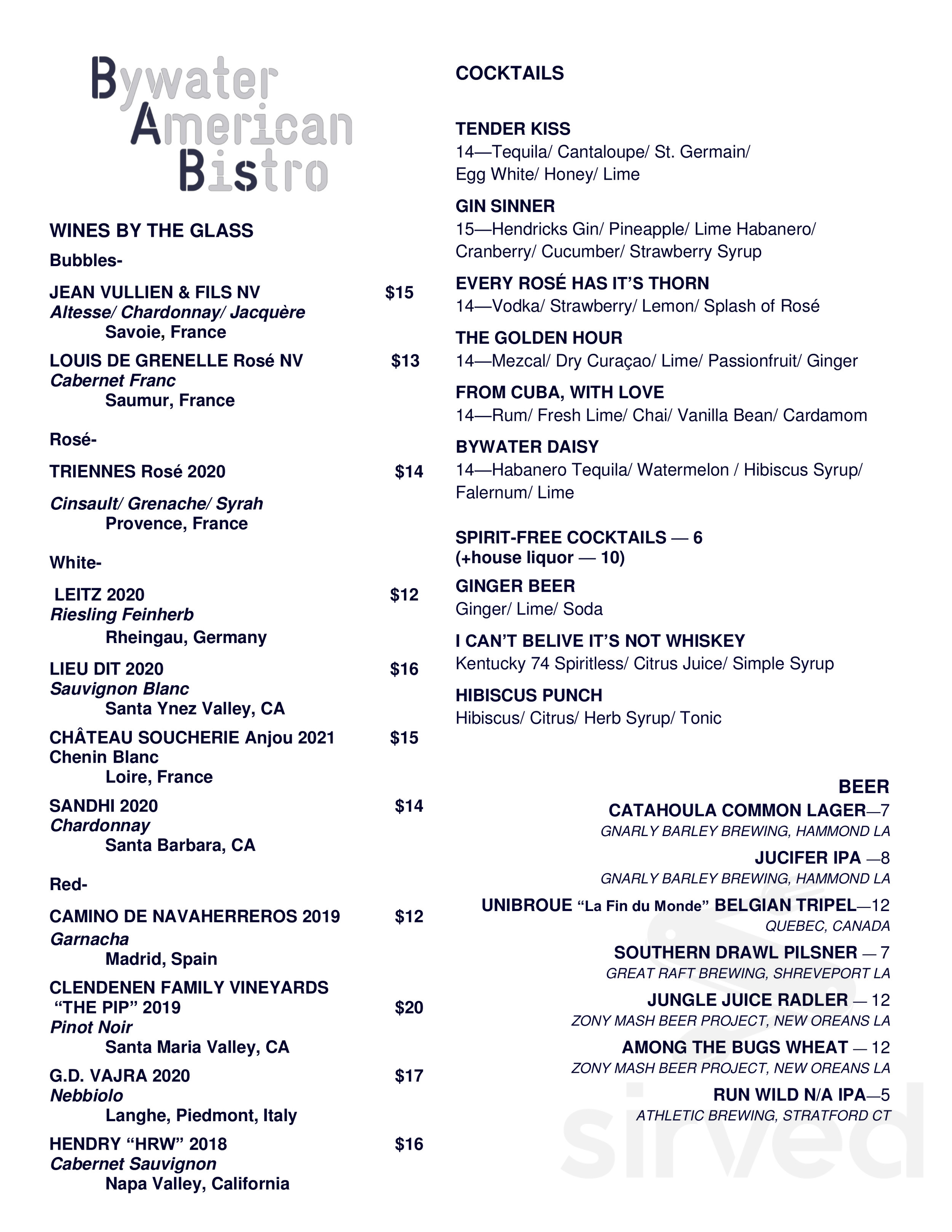 Bywater American Bistro menu in New Orleans, Louisiana, USA