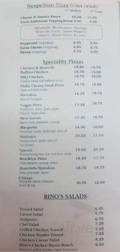 Rino's Pizza menu in Villas, New Jersey, USA