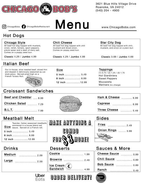 Chicago Bob's menu in Roanoke, Virginia, USA