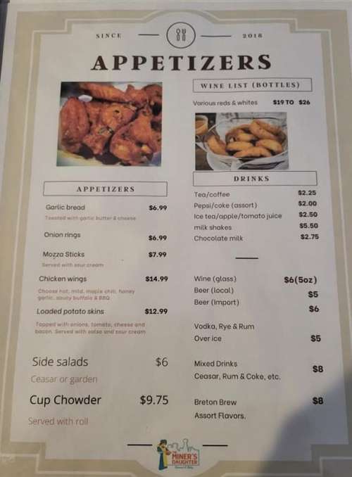 The Miner's Daughter restaurant and Bakery menu in Sydney Mines, Nova ...