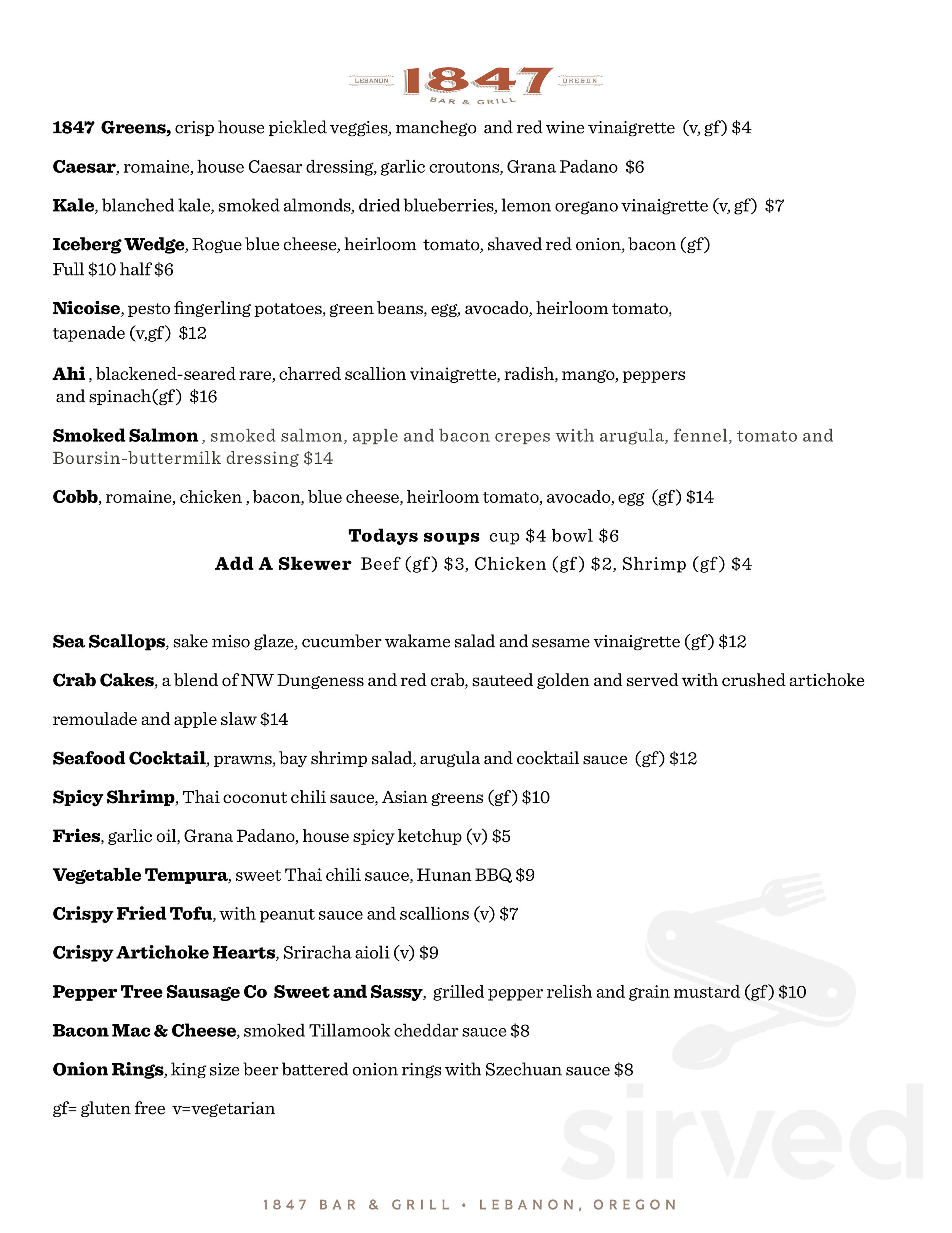 Menu for 1847 Bar & Grill in Lebanon, OR | Sirved