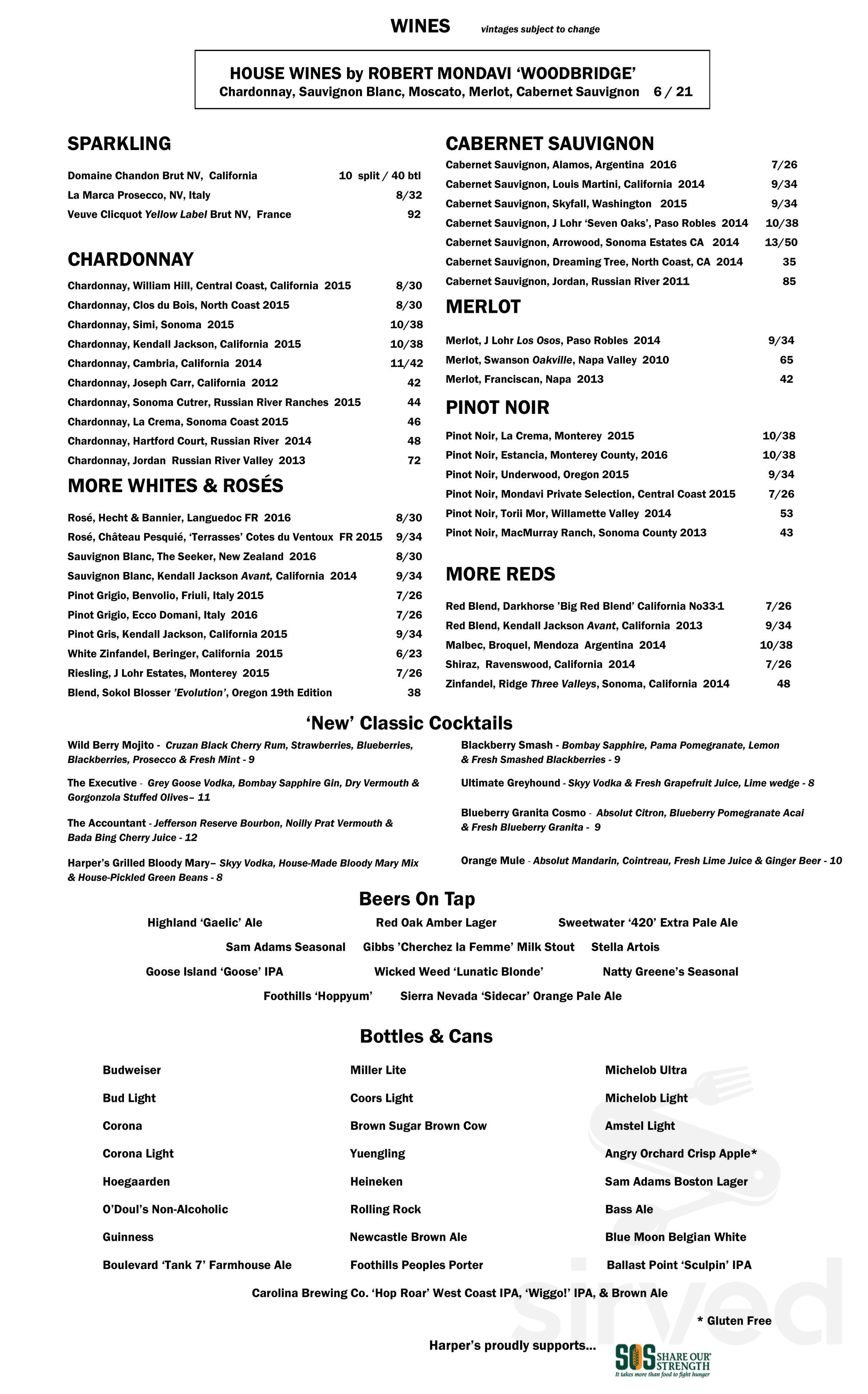 Harper's Restaurant menu in Greensboro, North Carolina, USA