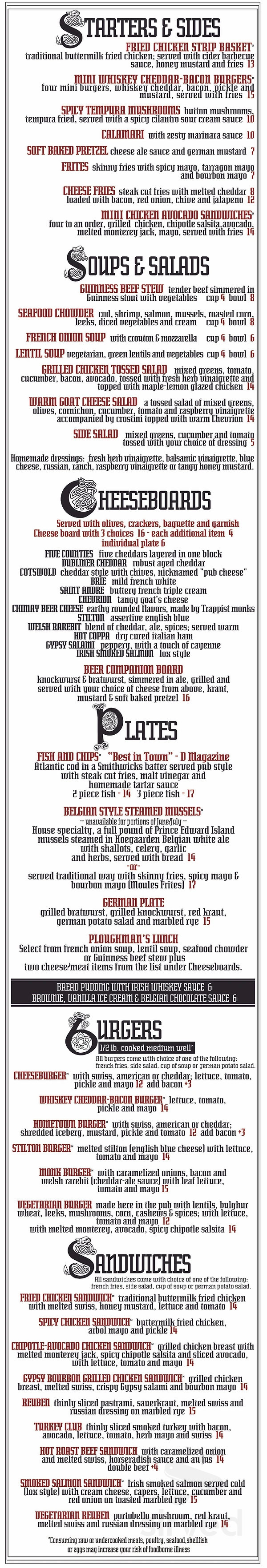 The Old Monk menu in Dallas, Texas, USA