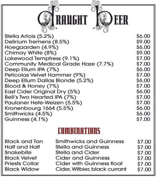 The Old Monk menu in Dallas, Texas, USA