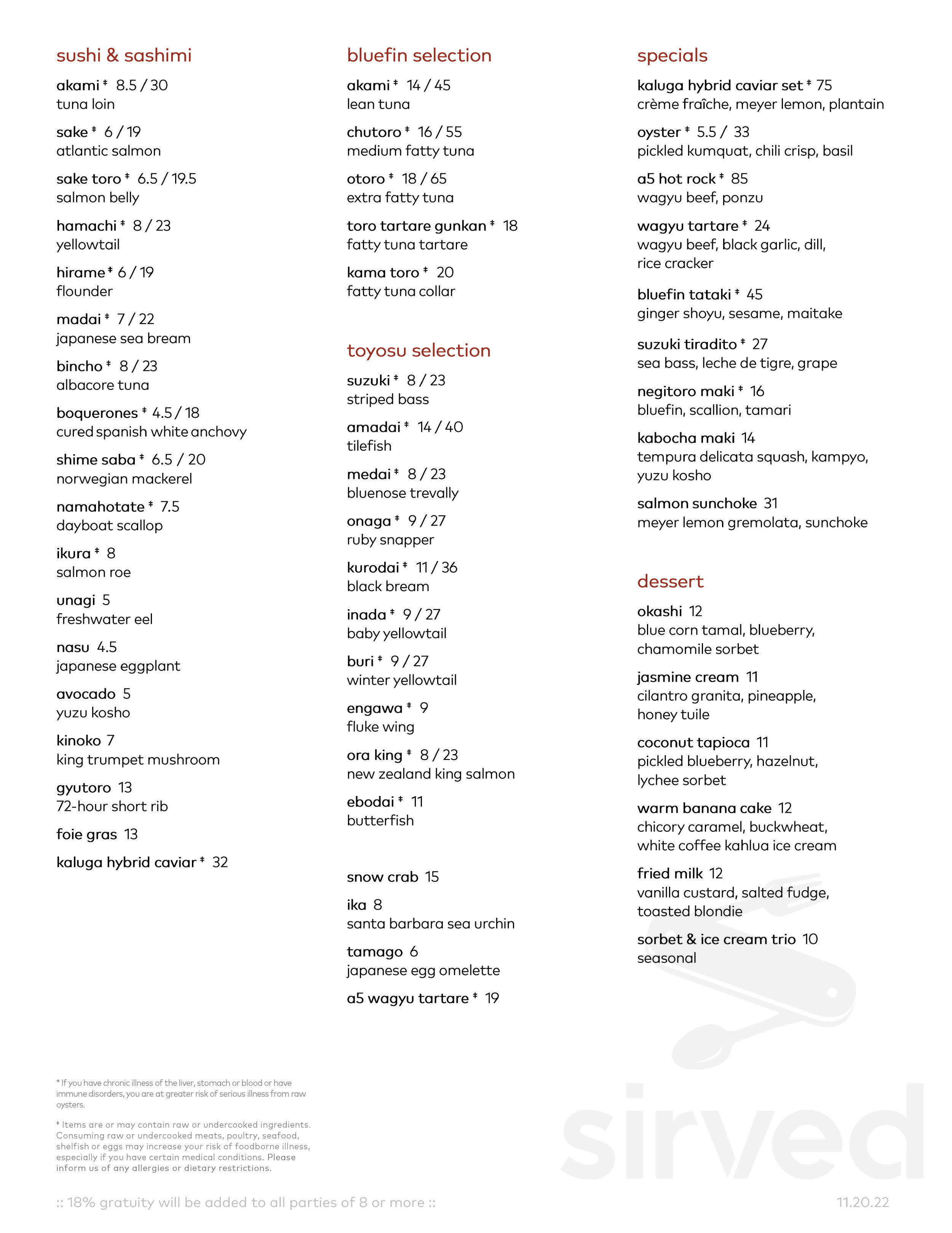 Uchi menu in Miami, Florida, USA