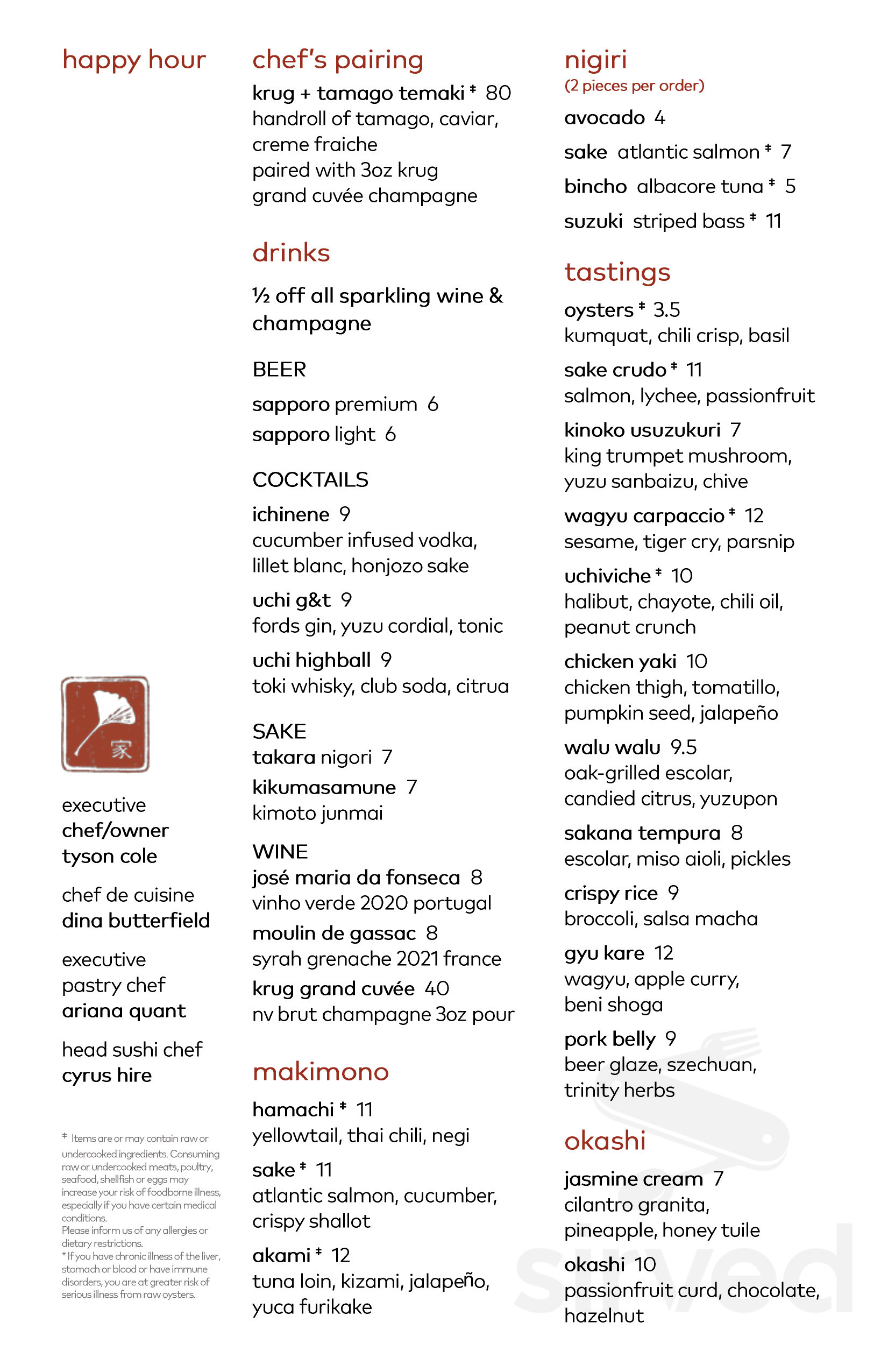 Uchi menu in Miami, Florida, USA