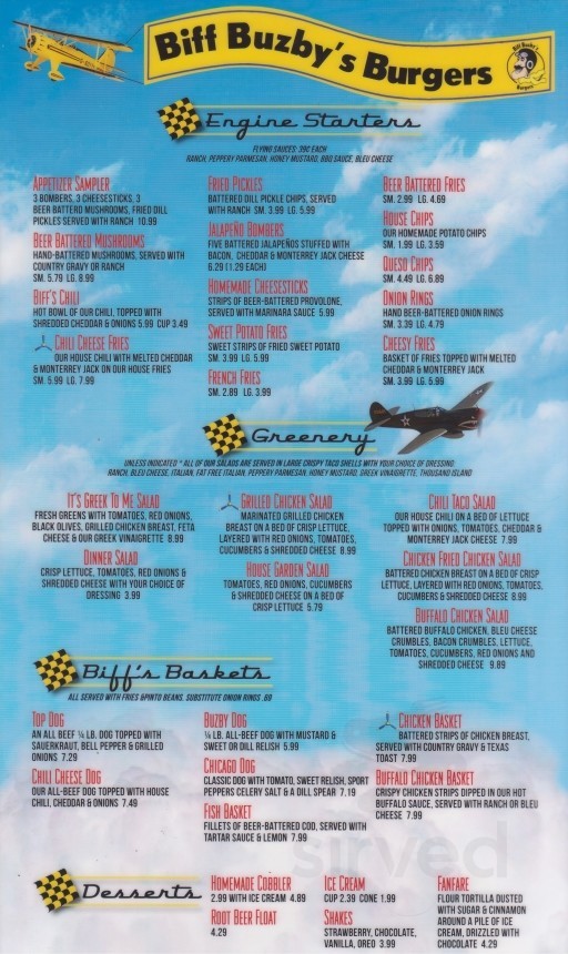 Menu - Live Oak TX's Biff Buzby's Burgers | Sirved