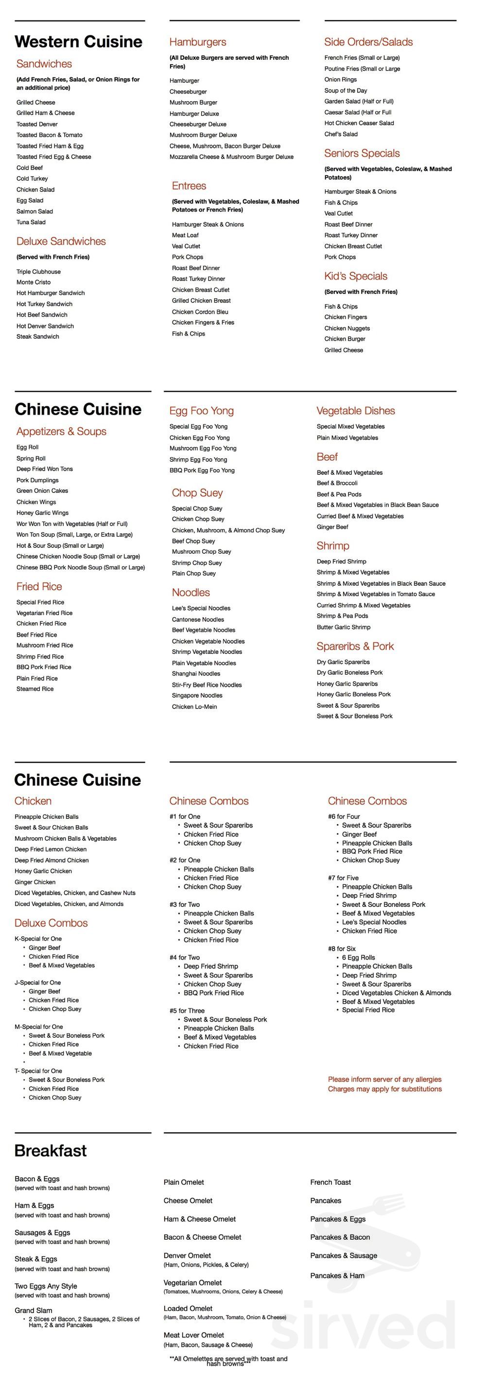 Menu for Lee's Family Restaurant in Calmar, AB | Sirved