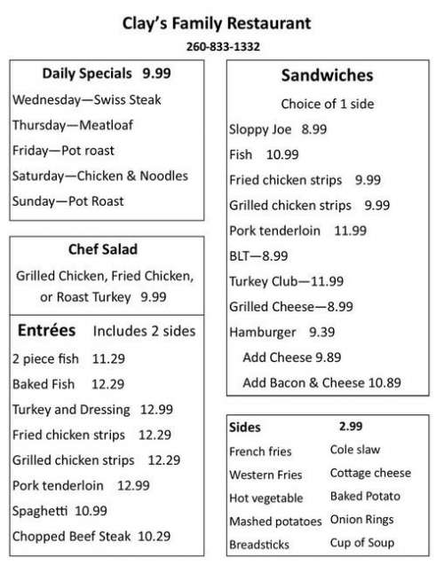 Clay's Family Restaurant menu in Fremont, Indiana, USA