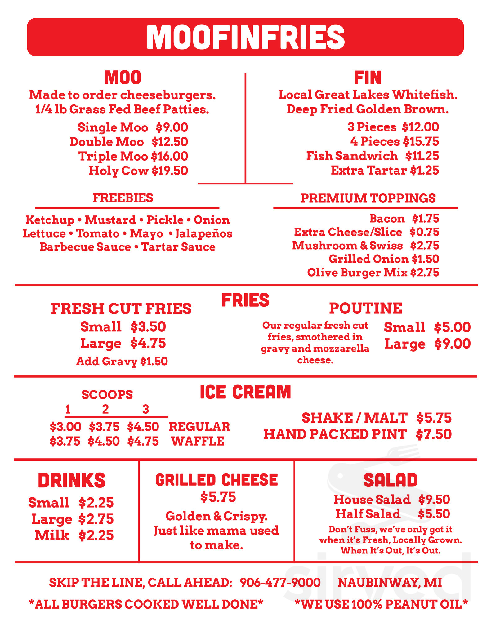 Moofinfries menu in Naubinway, Michigan, USA