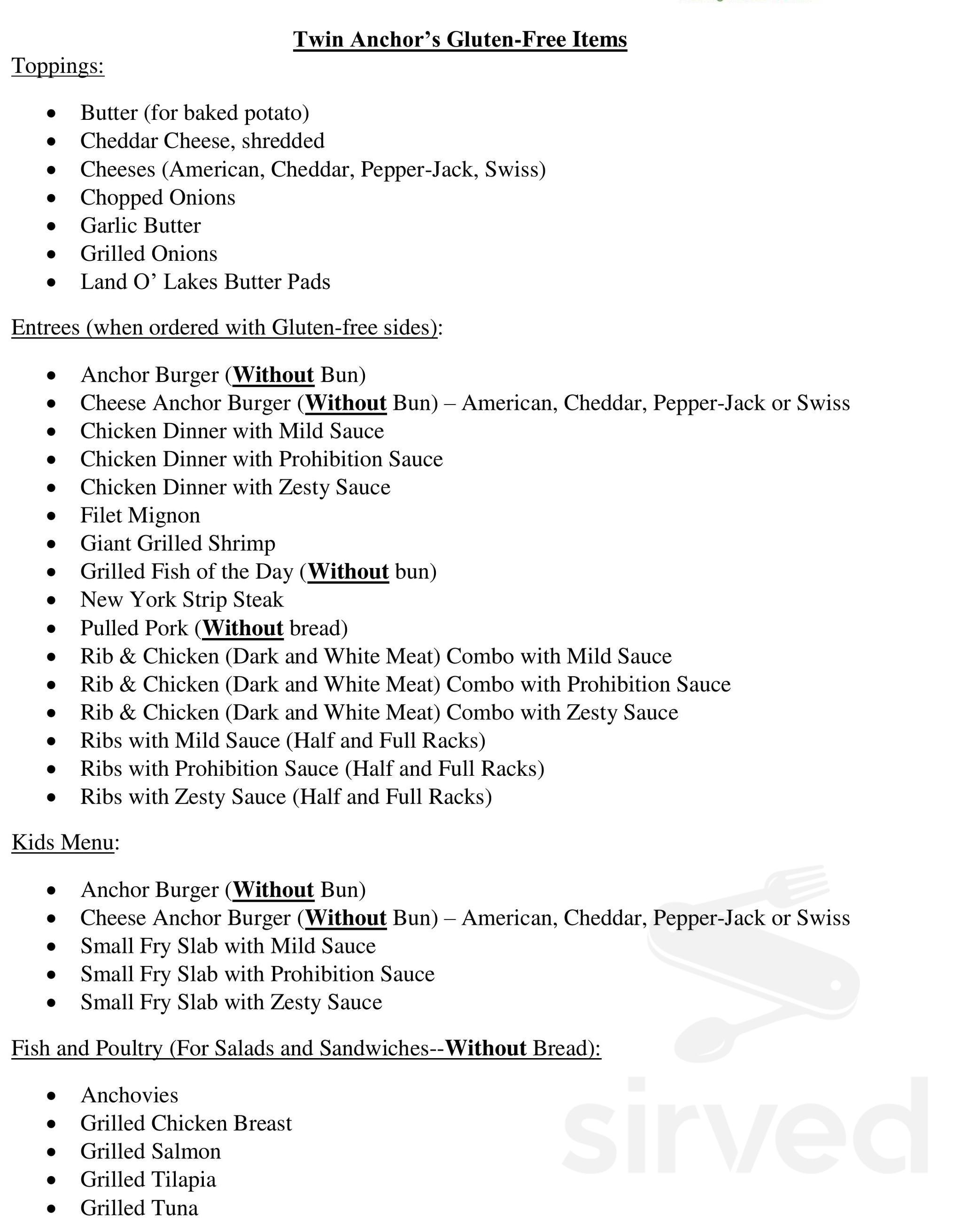 Twin Anchors Restaurant & Tavern menu in Chicago, Illinois, USA