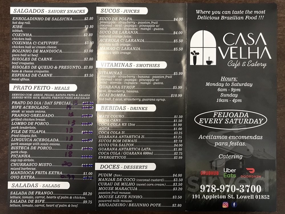 Menu - Lowell MA's Casa Velha Café & Eatery | Sirved