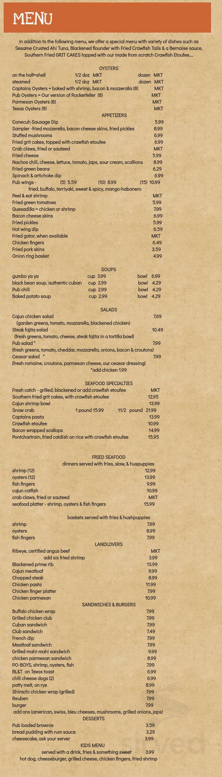 Menu for Pratt Pub & Oyster Bar in Prattville, AL | Sirved