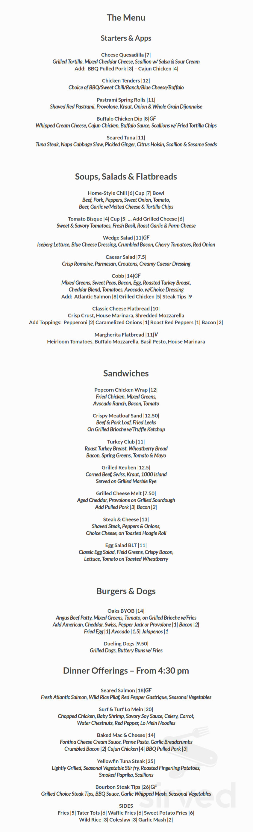 Menu for The Oaks in Somersworth, NH | Sirved