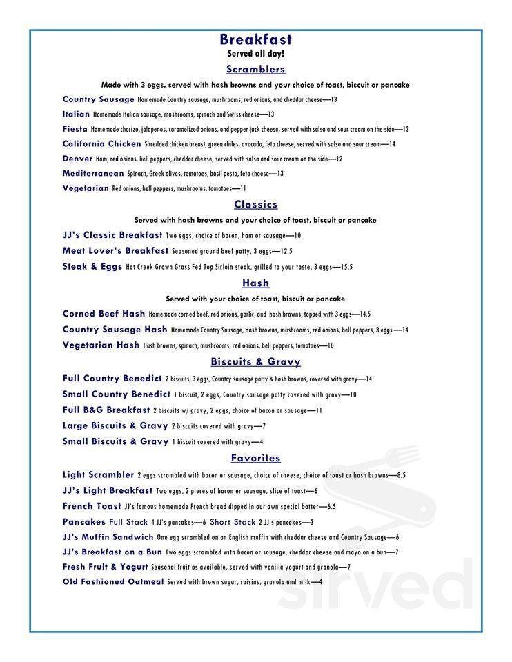 Menu for JJ's Cafe in Old Station, California, United States