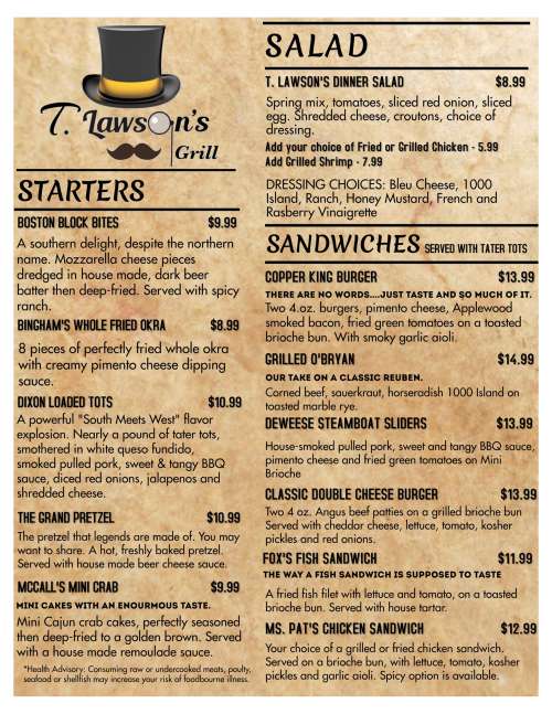 T Lawson's Grill menu in Grand Rivers, Kentucky, USA