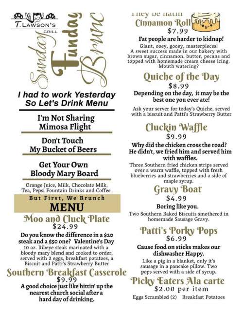 T Lawson's Grill menu in Grand Rivers, Kentucky, USA