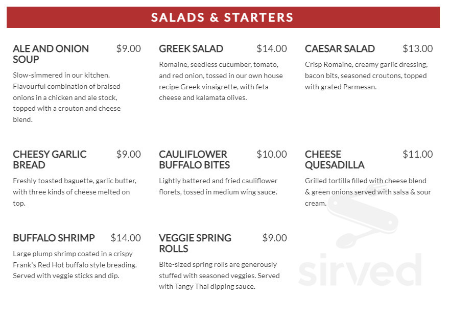 Bull and Barrel Pub menu in Barrie, Ontario, Canada