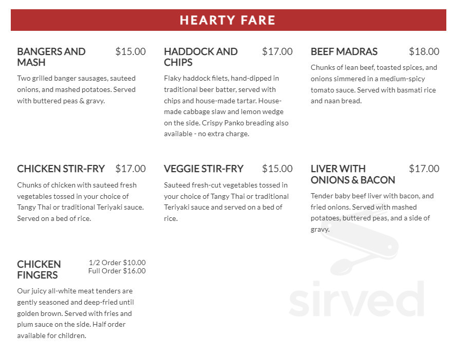 Bull and Barrel Pub menu in Barrie, Ontario, Canada