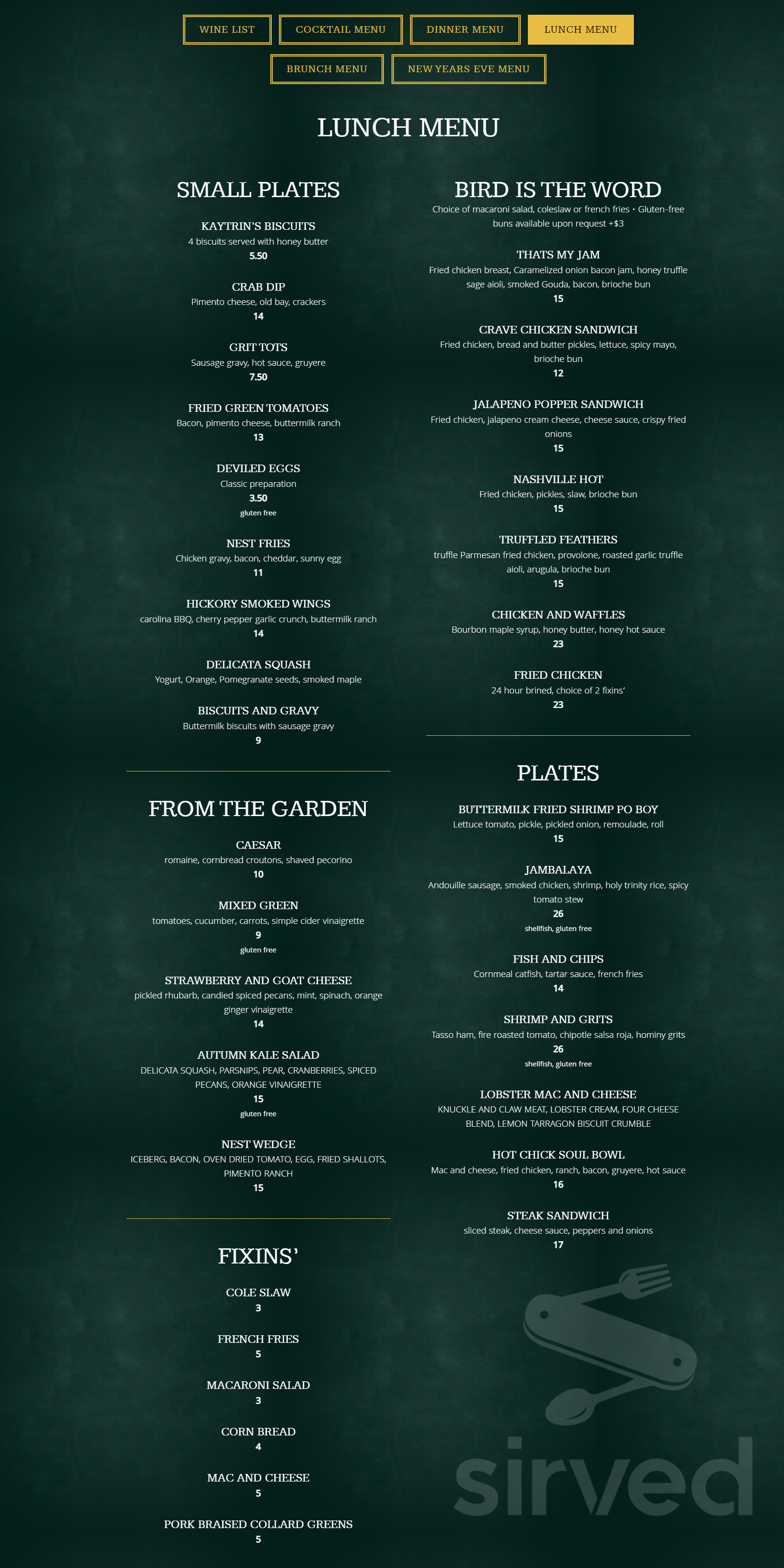 The Nest menu in Schenectady, New York, USA