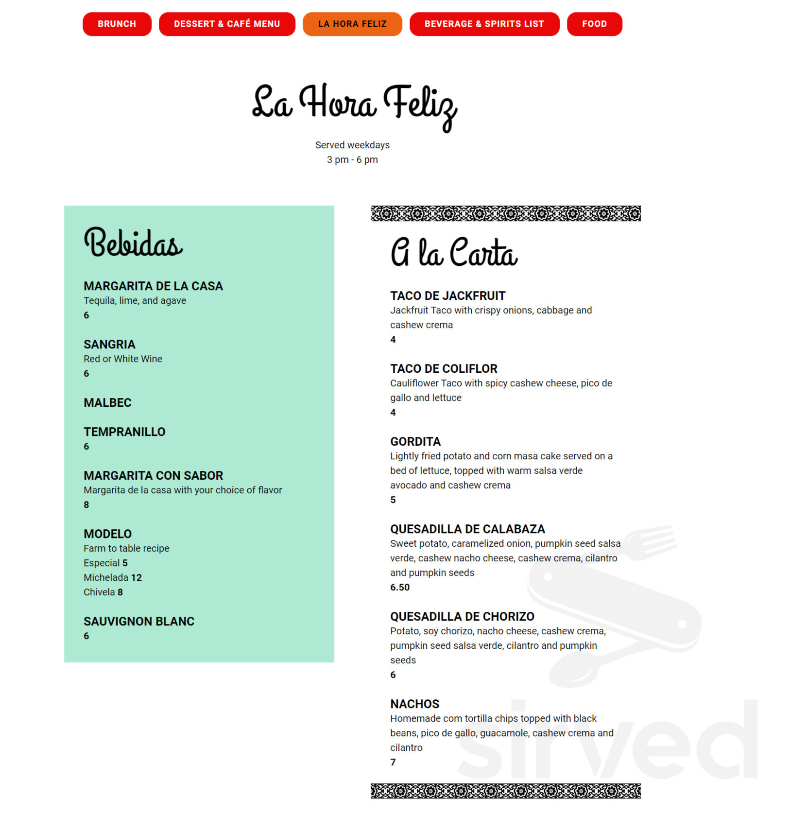 Gracias Madre menu in San Francisco, California, USA