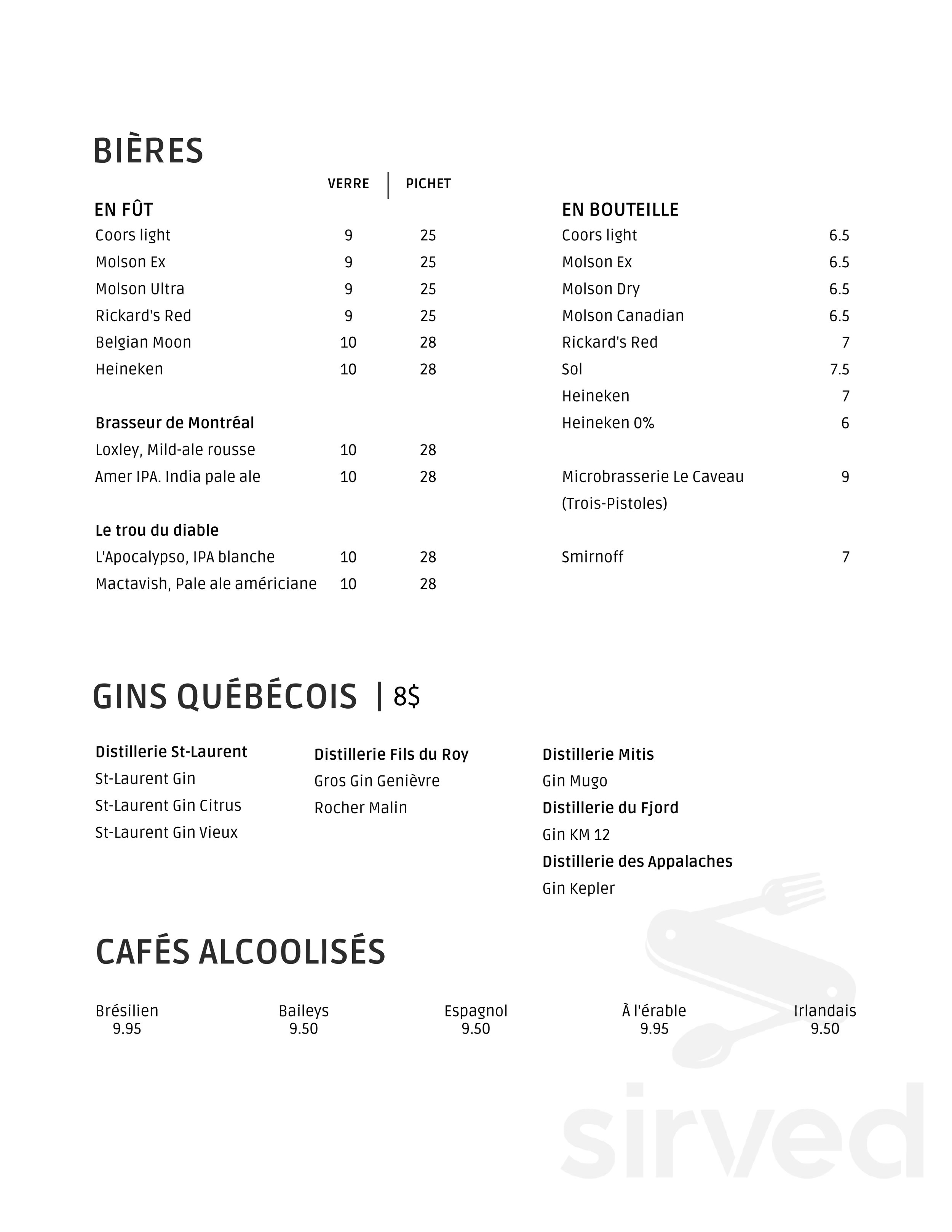 La Brigade 225 menu in Rimouski, Quebec, Canada