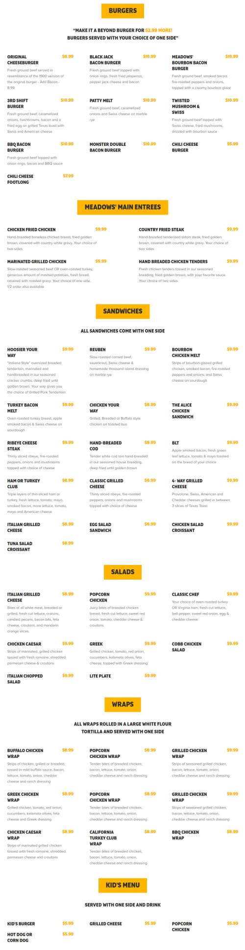 Meadows Cafe' menu in Terre Haute, Indiana, USA