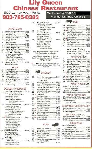 Lily Queen Chinese Restaurant menu in Paris, Texas, USA