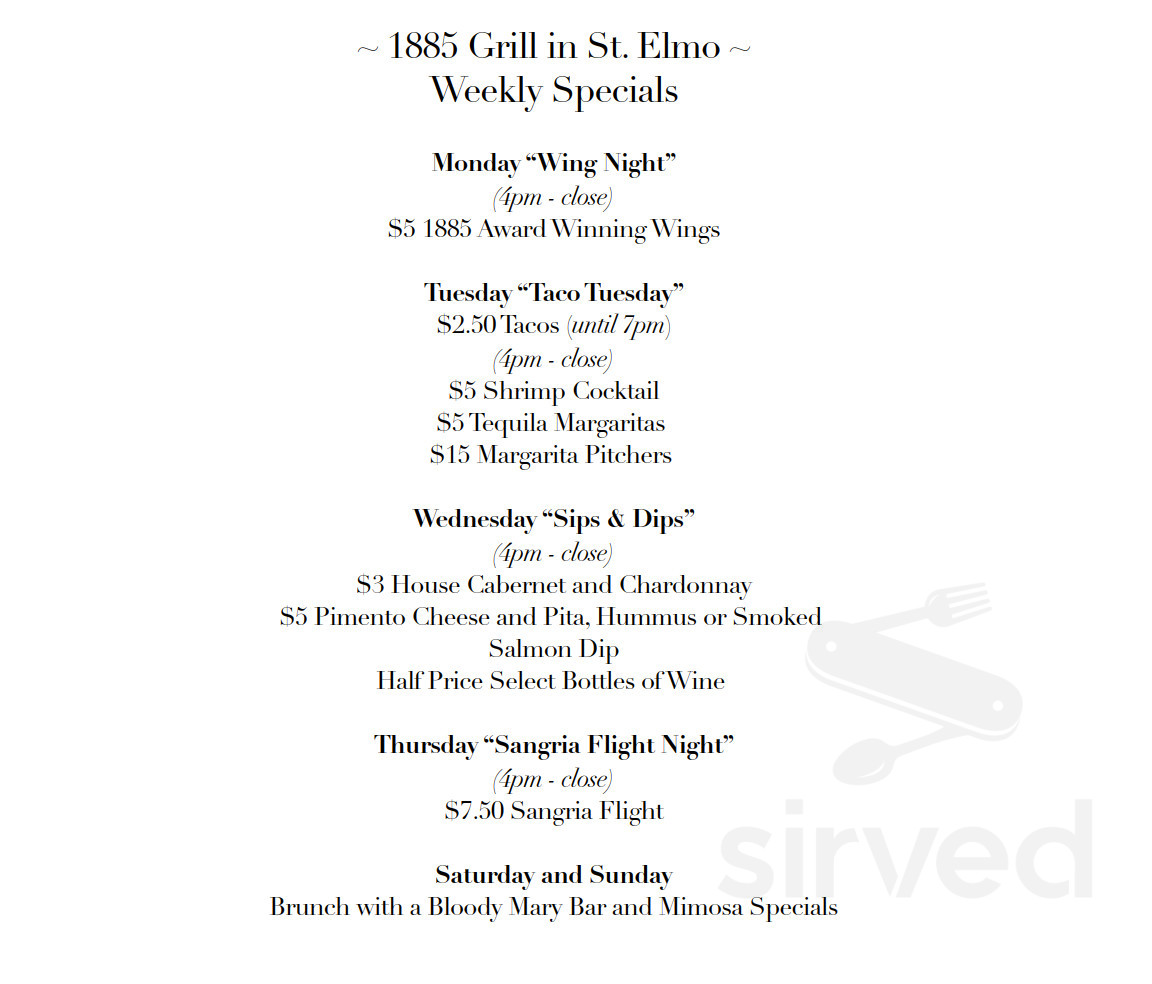 Menu - Chattanooga TN's 1885 Grill | Sirved
