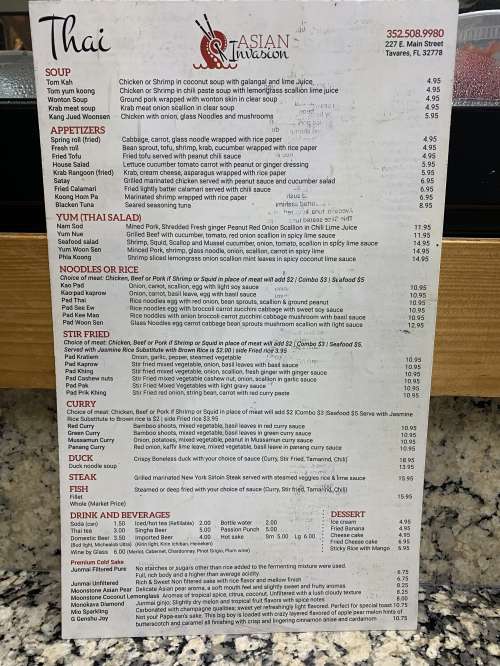 Asian invasion menu in Tavares, Florida, USA