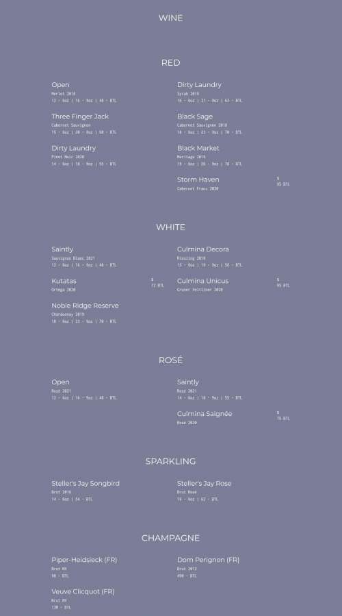 1931 Gallery Bistro menu in Vancouver, British Columbia, Canada