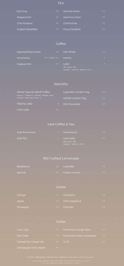 1931 Gallery Bistro menu in Vancouver, British Columbia, Canada