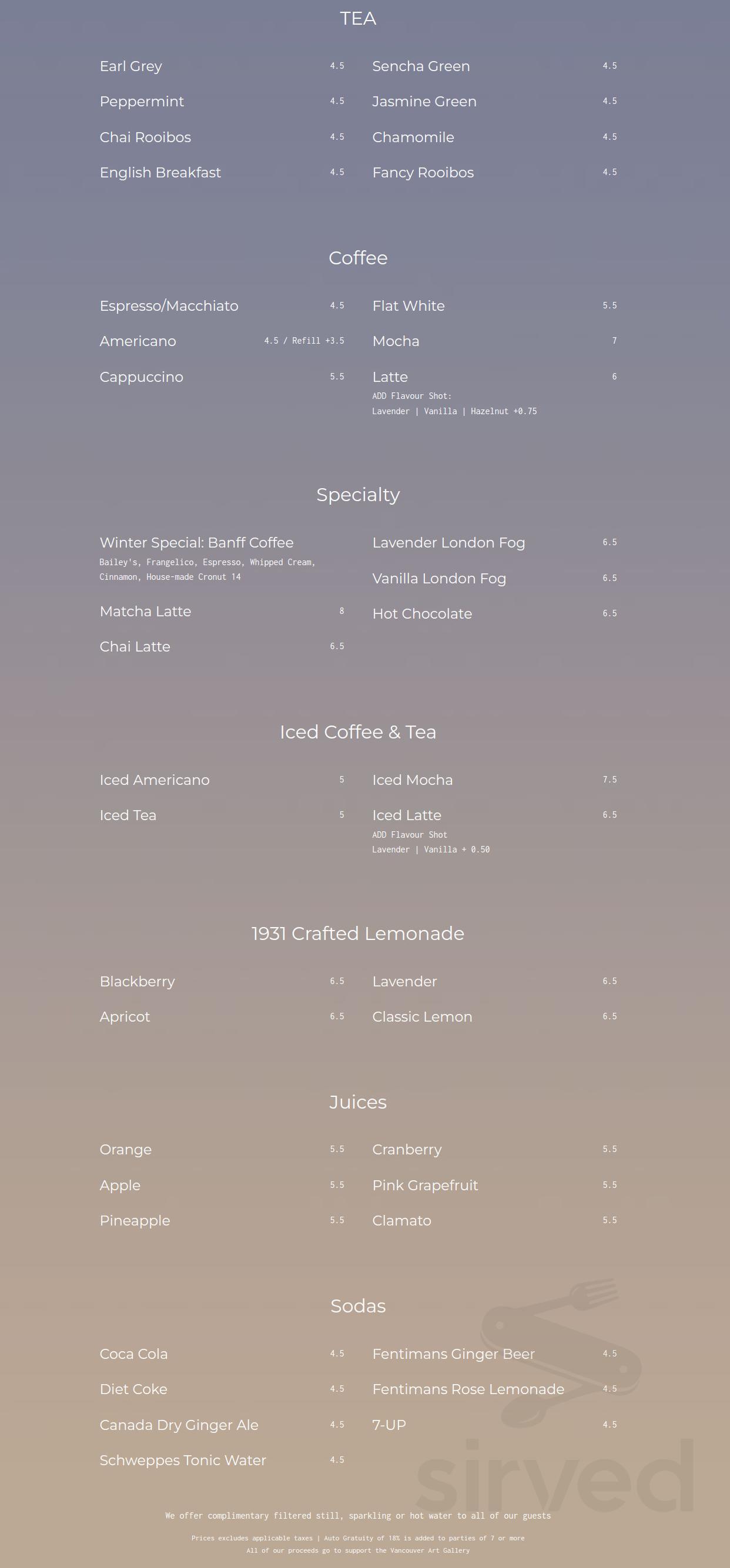 1931 Gallery Bistro menu in Vancouver, British Columbia, Canada